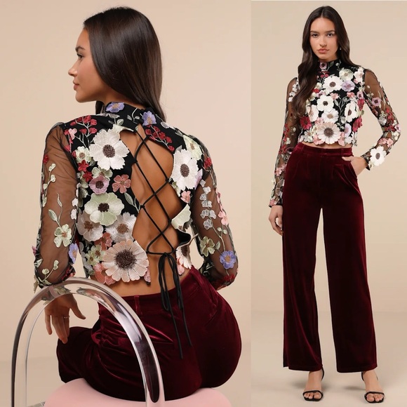 Lulus | Tops | Lulus Fantastic Charisma Black 3d Floral Laceup Sheer ...